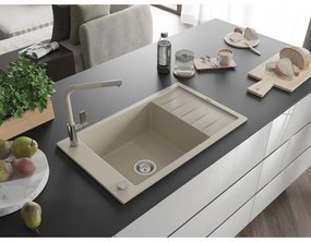 Mexen Elias, 1-komorový granitový dřez 795x480x200 mm a dřezová baterie Flora, béžová, 6511-69-670401-09