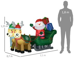 HOMCOM Nafukovací Otec Vánoc se sobem, LED světlo, 210 cm Samonafukovací vánoční dekorace Voděodolná vánoční figurka pro vnitřní i venkovní použití
