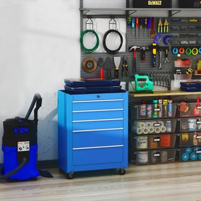 Skříňka na nářadí, box na nářadí, 5 zásuvek, na kolečkách, ocel, modrá