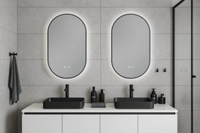 Erga Freya, oválné LED zrcadlo 40x60cm v černém kovovém rámu, 3 barvy světla, zadní osvětlení, vyhřívací podložka proti zapaření, ERG-V01-FREYA-4060-BK
