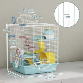 PawHut 3patrová klec pro křečky s kolem, tunely, úkrytem a miskou — pro zakrslé křečky a pískomily, 34,5 × 27,5 × 41 cm, modrá