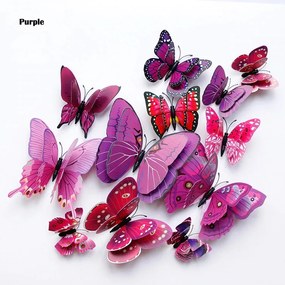Dekorace na zeď - 12 ks 3D barevných motýlků Barva: Fialová