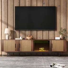 Aosom Nízká TV komoda s LED osvětlením, 3 dveře se vyřezávanou strukturou, hodně úložného prostoru, 200 x 35 x 53 cm, přírodní barva