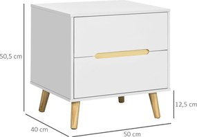 Noční stolík HOMCOM se 2 zásuvkami a dřevěnými nohami, noční stůl pro ložnici, obývací pokoj a kancelář, moderní styl 50x40x50,5 cm Bílý