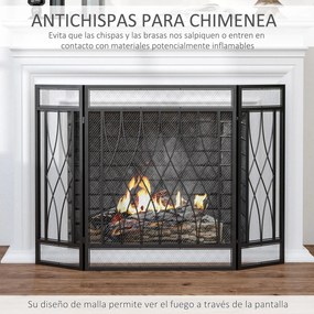 HOMCOM Skládací Ochranná Zástěna Krbu s 3 Panelovým Kloubovým Kovovým Rámem 126x3x80 cm Černá