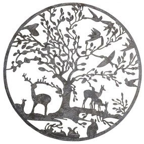 Nástěnná kovová dekorace stromu v kruhu se zvířátky – 60x2 cm