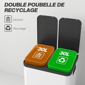 HOMCOM Kuchyňský Odpadkový Koš 2 x 30L Nerezový Pedálový Koš s 2 Odděleními, Tichý Klapkový Víko, Vyjímatelné Vnitřní Kbelíky pro Recyklaci a Odpad, B