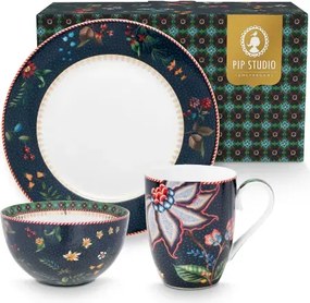 Pip Studio porcelánová sada Berry Blues snídaňová, 3 dílná (Porcelánová snídaňová sada s miskou, hrnečkem a talířem)