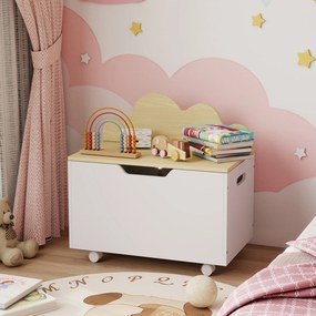 AIYAPLAY dětský box na hračky s kolečky, sklápěcí víko s bezpečnostním pantem, design mraků, bílá a přírodní