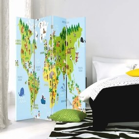 Ozdobný paraván, Mapa světa pro děti - 145x170 cm, čtyřdílný, klasický paraván