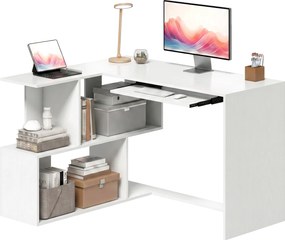 HOMCOM Rohový stůl do L, 120 x 100 x 76 cm – výsuvná police na klávesnici, 4 otevřené přihrádky, moderní bílý