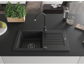 Mexen Pablo, granitový dřez 752x436x161 mm, 1-komorový, černá s černým sifonem, 6510751010-77-B