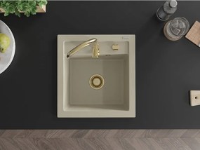 Mexen Vito, granitový dřez 520x490x210 mm, 1-komorový, béžová se zlatým sifonem, 6503521000-69-G