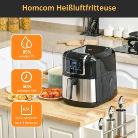 HOMCOM Horkovzdušná fritéza 6,5 l 1700 W, s 8 menu, LED displej, nepřilnavý koš pro zdravé vaření bez oleje, 36,5 x 29 x 33,8 cm | Aosom