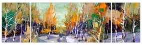 Obraz - Zasněžená cesta lesem, olejomalba (170x50 cm)