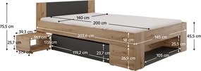 Postel s úložným prostorem, 140x200, dub artisan/antracit, UNIS