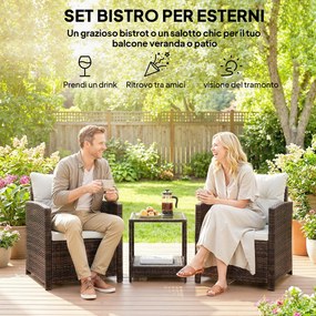 Outsunny 3dílný PE ratanový zahradní set — 2 křesla s polstrováním a konferenční stolek se skleněnou deskou, hnědá/krémová — balkon/terasa