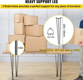 Vlásenkové stolní nohy 66 cm, sada 4 DIY stolních stolových nohou 3 tyče Zesílené