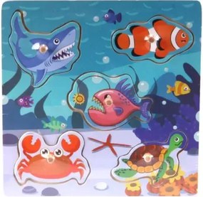 Dřevěné vkládací puzzle na desce s úchyty / Vkládací puzzle / 5 dílků