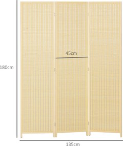 HOMCOM Interiérový dřevěný paravan 3 panely 135 x 180 cm Skladný rozdělovací separator pro obývací pokoj a ložnici, přírodní dřevo