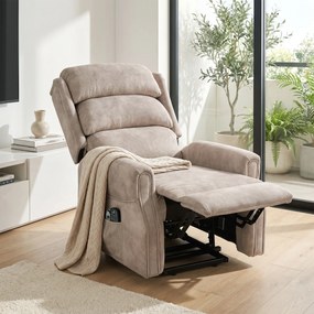 HOMCOM Elektrické křeslo s vybavením na vstávání s vibrační masáží a teplem, elektrické relaxační křeslo z sametu, 80x160x82 cm, béžová