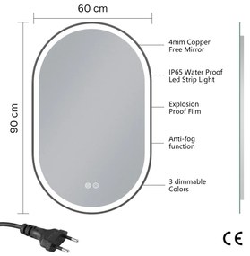 Erga Gwen, oválné LED zrcadlo 60x90cm v černém kovovém rámu, 3 barvy světla, přední osvětlení, topná podložka proti zapaření, ERG-V01-GWEN-6090-BK
