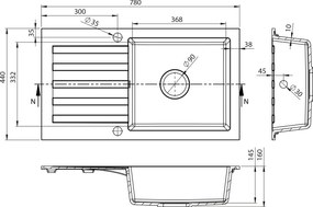 Sapho Sapho, Dřez granitový vestavný s odkapávací plochou, 78x44 cm, černý, GR7204