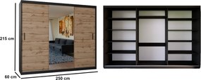GAB Posuvná šatní skříň se zrcadlem MONTAIRE 250 cm Barva dřeva: Dub Wotan + černá