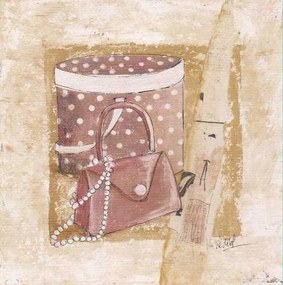 ART-STYLE Obrázek 30x30, krabice &amp; kabelka fialová, rám bílý s patinou