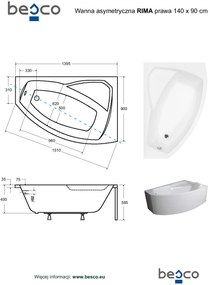 BESCO Asymetrická vana RIMA Nožičky k vaně - S nožičkami, Rozměr vany - 140 × 90 cm, Způsob provedení - Pravé - VANRIM140P+OLVPINOZ