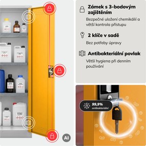 Skříň na chemikálie s ventilací a odkapávacími vaničkami, šedo-žlutá, 900x1850x400 mm: MARIA