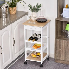 HOMCOM Kuchyňský vozík 4-patrový s kolečky a zásuvkami, regály a stojanem na víno pro kuchyň, obývací pokoj nebo jídelnu 37x37x76 cm Bílý