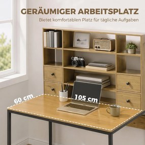 HOMCOM psací stůl se 4 zásuvkami, 105 × 60 cm, úložný stůl s otevřenými policemi, moderní pracovní stůl do malých prostor, přírodní dřevo