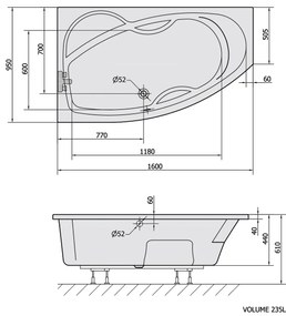 Polysan MAMBA L asymetrická vana 160x95x44 cm, bílá, 27111