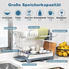 Costway 2-patrový kovový odkapávač na nádobí s držáky na sklenice, talíře