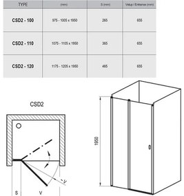 Ravak Chrome Sprchové dveře s pevným segmentem 110 cm, Alu/Transparent 0QVDCC00Z1 CSD2-110