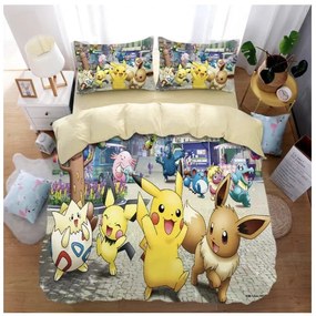 3-dílné ložní povlečení Pokémon - Pikachu 3D (175 x 218 cm a 2x povlak na polštář 50 x 75 cm) Motiv: 14 - Pokémoni ve městě