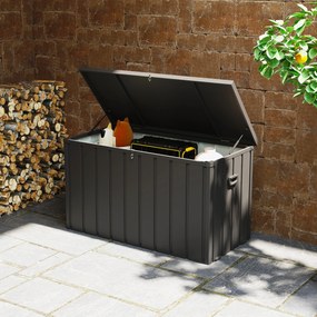Zahradní úložný truhlicový box Outsunny, kapacita 450L, kov s plynovým pístem, kolečky a rukojetí - rozměry 125,5L x 61,5W x 70H cm