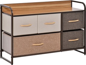 HOMCOM Textilní Komoda do Ložnice s 5 Skládacími Šuplíky, Dřevěným Vrchem a Kovovým Rámečkem do Obývacího Pokoje 87,5x29x58 cm Multicolor | Aosom