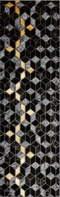 Dywany Łuszczów, Běhoun Gloss 400B 86 3D geometric black/gold, 60x300, černá, obývací pokoj
