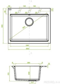 Laveo Tau, 1-komorový granitový dřez 600x500x215 mm, černá, LAV-SBT_7106