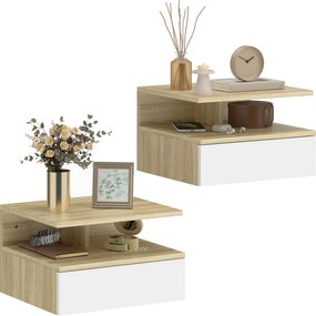 HOMCOM Sada 2 závěsných nočních stolků s šuplíkem na montáž na stěnu 35x32x22,5 cm, dub a bílá