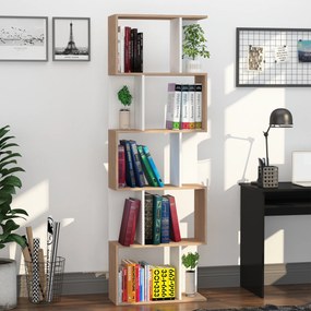 HOMCOM 5-patrová knihovna Dřevěný regál S-tvarovaný Moderní design pro obývací pokoj a kancelář 60x24x184,5 cm Bílá a dřevo