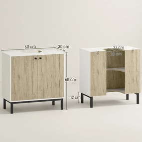 kleankin Skříňka pod umyvadlo pro moderní umyvadla s kovovými nohami a dvojitými dveřmi 60 x 30 x 60 cm - Bílá a dřevěná barva