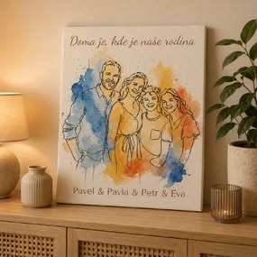 Personalizovaný rodinný portrét – Rodinné objetí (line-art s akvarelem) na plátně