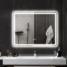 HOMCOM Koupelnové zrcadlo s LED osvětlením, protimlžnou podložkou, 3 nastavitelné barvy, hodiny, 700 x 900 mm, stříbrná barva