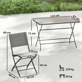 Outsunny 5dílný skládací zahradní jídelní set – šedý stůl s dekorem dřeva a 4 prodyšné síťované židle