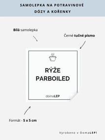 RÝŽE PARBOILED– bílá samolepka na dózu, tučné písmo, 5 x 5 cm | DomaLEP
