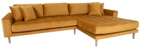 House Nordic Pohovka Lounge Sofa, pravá strana, z hořčicově žlutého sametu se čtyřmi polštáři a nohami z přírodního dřeva, HN1004