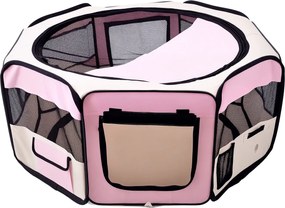 PawHut skládací ohrádka pro psy a kočky — přenosná osmihranná ohrádka Ø90 x 41 cm, 600D voděodolný Oxford, 2 zip dveře — růžová | Aosom